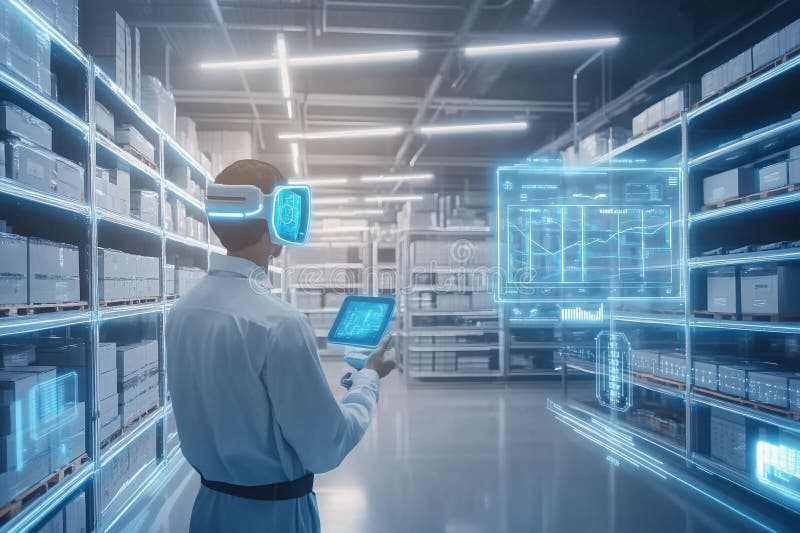 A Warehouse Worker Wearing Virtual Reality Goggles Holds a Tablet and ...