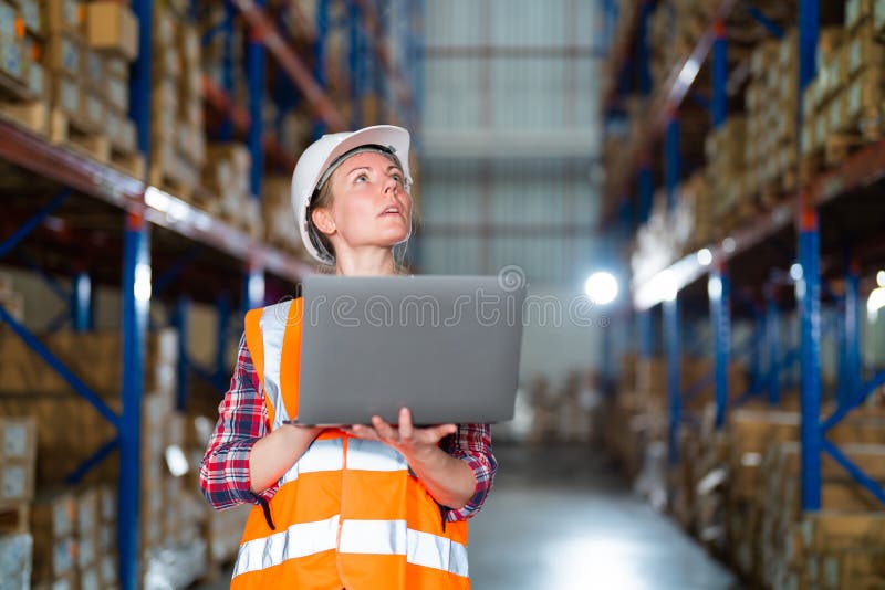 Warehouse Worker Working Process Checking the Package Using Laptop in ...