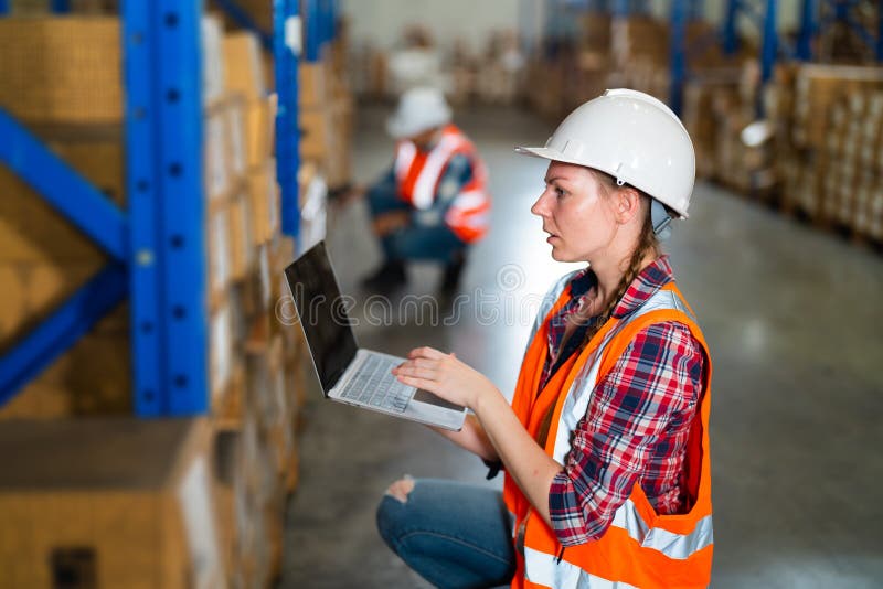 Warehouse Worker Working Process Checking the Package Using Laptop in ...