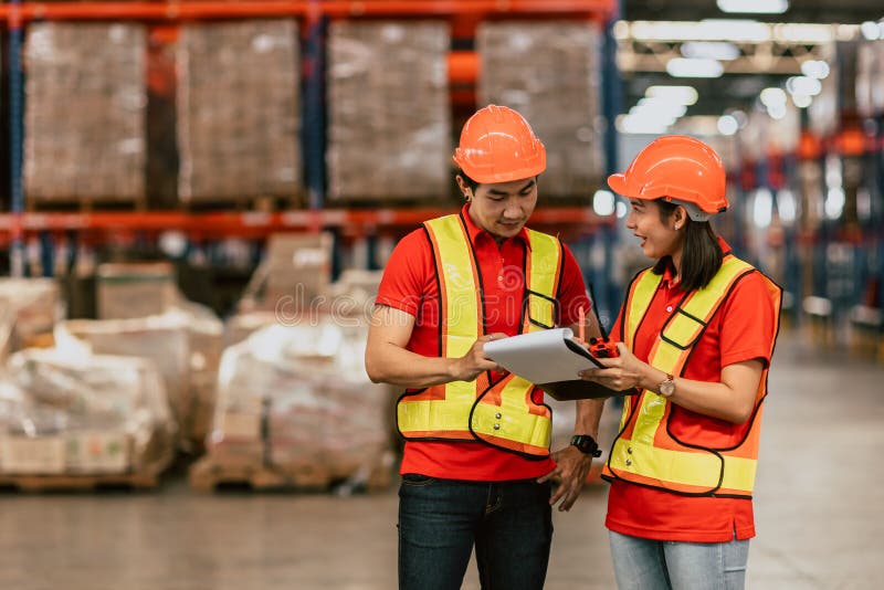 Warehouse Worker Working Together Happy Smile Work Checking Inventory ...