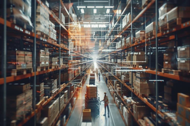 Warehouse Workers Counting Stock between Shelves of Packed Boxes, Aided ...