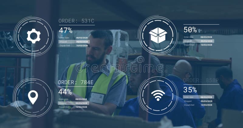 In Warehouse, Workers Discussing Logistics with Animated Data ...