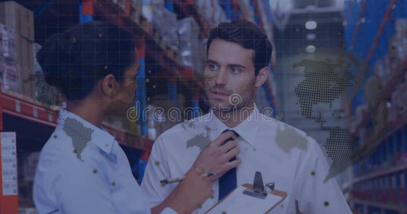 In Warehouse, Workers Discussing Logistics with Animated World Map ...