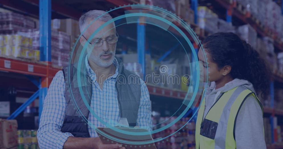 In Warehouse, Workers Discussing Logistics with Digital Data Protection ...