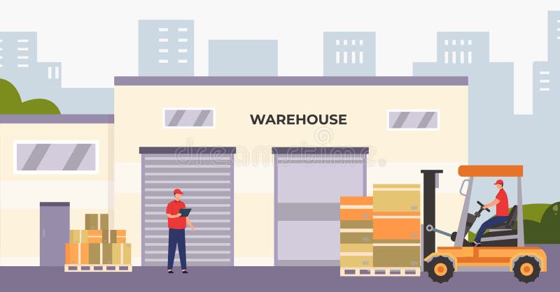 Warehouse Workers and Equipment, Worker with Box Illustration Stock ...