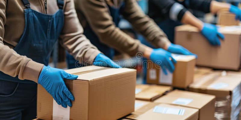 Warehouse Workers with Gloves Handling and Organizing Boxes ...