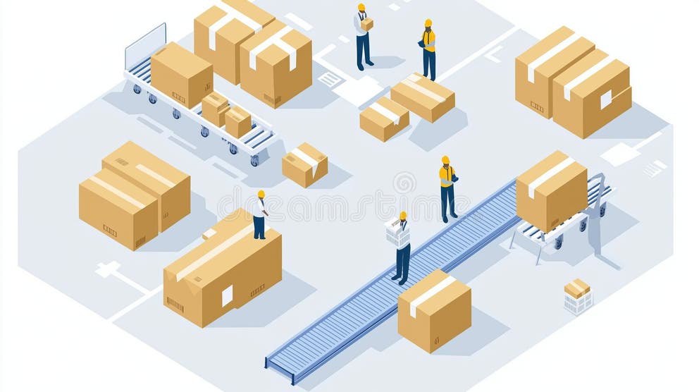Warehouse Workers Handle Packages, Boxes on Conveyor Belts. Efficient ...