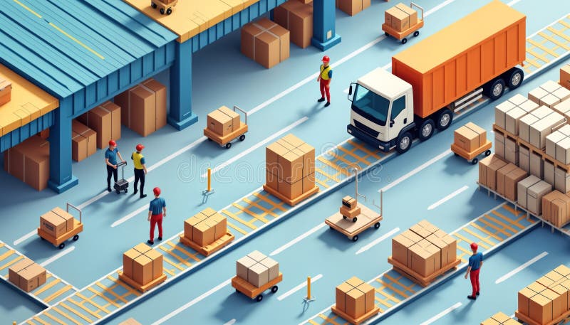 Warehouse Workers Handle Packages on Conveyor Systems. Trucks Load ...