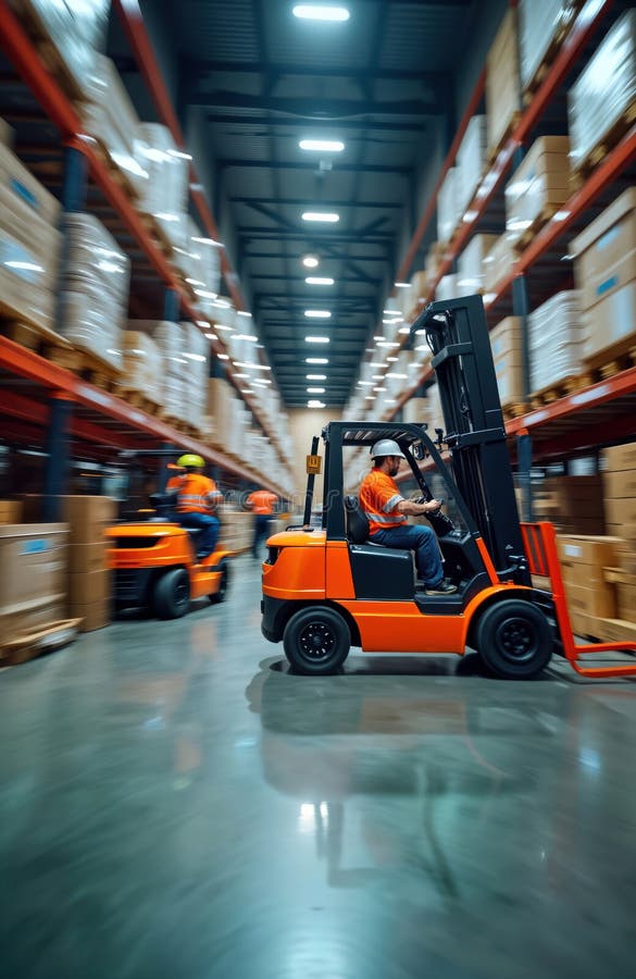 Warehouse Workers Operate Forklifts in Busy Warehouse. Motion Blur ...