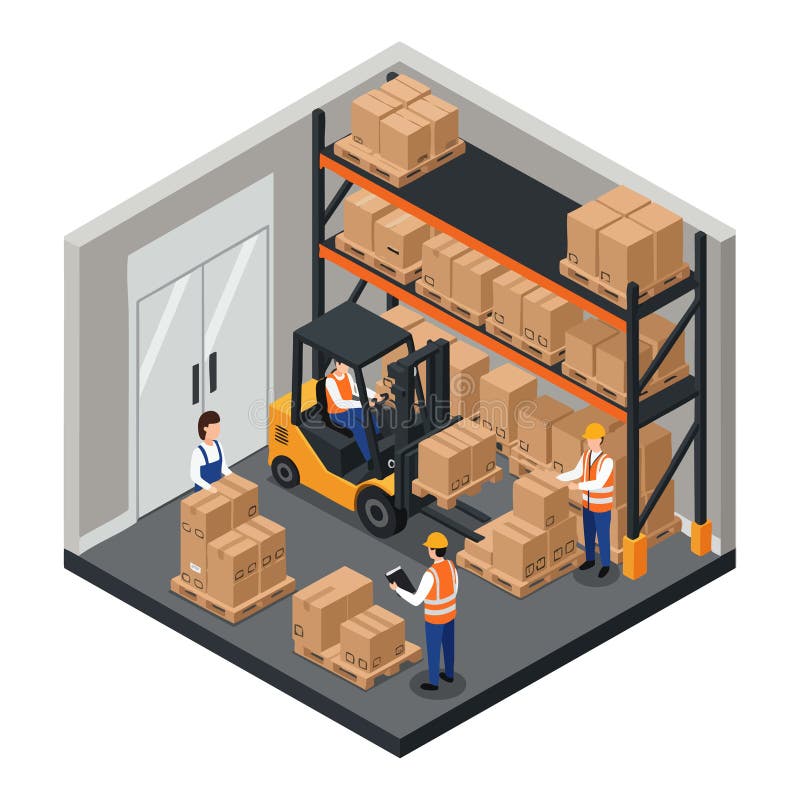 Warehouse Workers Loading and Organizing Cardboard Boxes Using Forklift ...