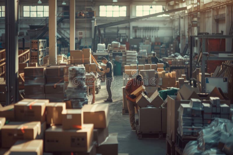 Warehouse Workers Organizing Boxes and Goods for Shipment and Inventory ...