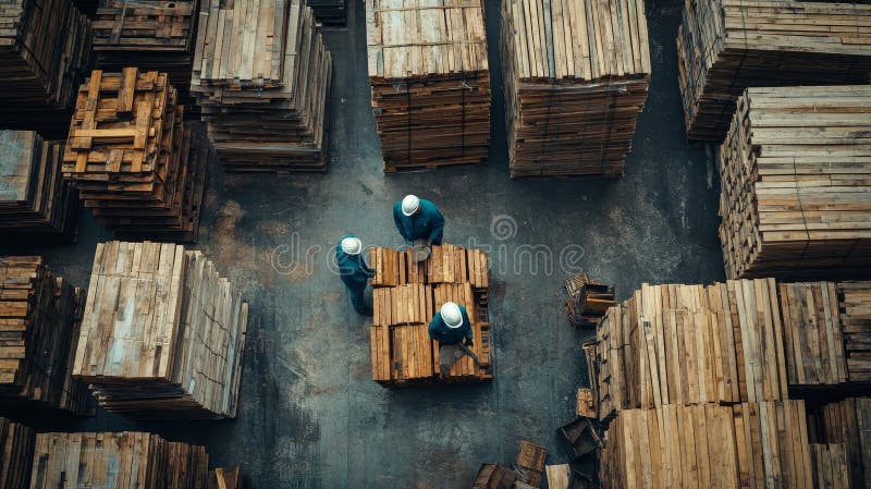 Warehouse Workers Organizing Wood Planks in Lumberyard Stock ...
