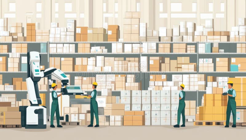 Warehouse Workers and Robot Managing Packages in Logistics Center Stock ...