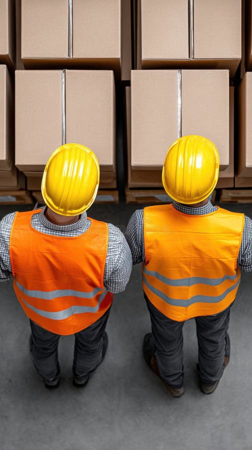 Warehouse Workers in Safety Gear Overlooking Stacked Cardboard Boxes ...