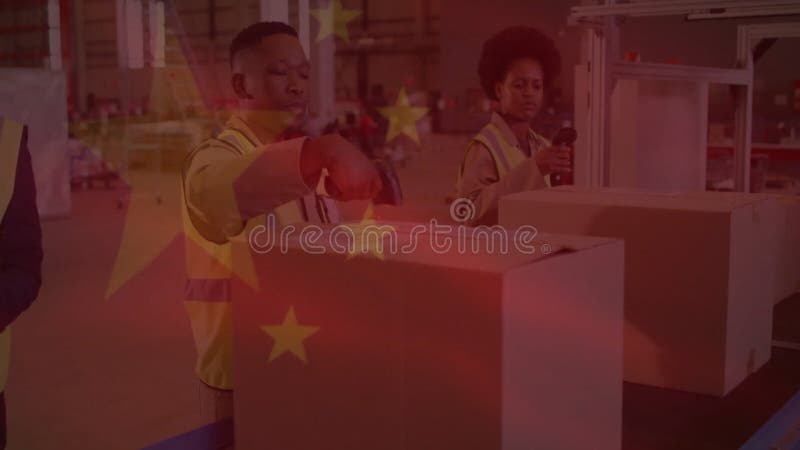 Warehouse Workers Scanning Boxes at Conveyor Station, Displaying ...