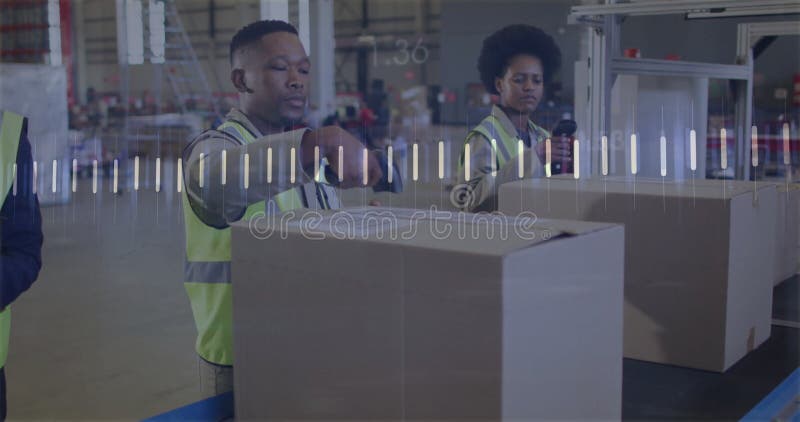 Warehouse Workers Scanning and Unpacking Boxes, Animating Waveform ...