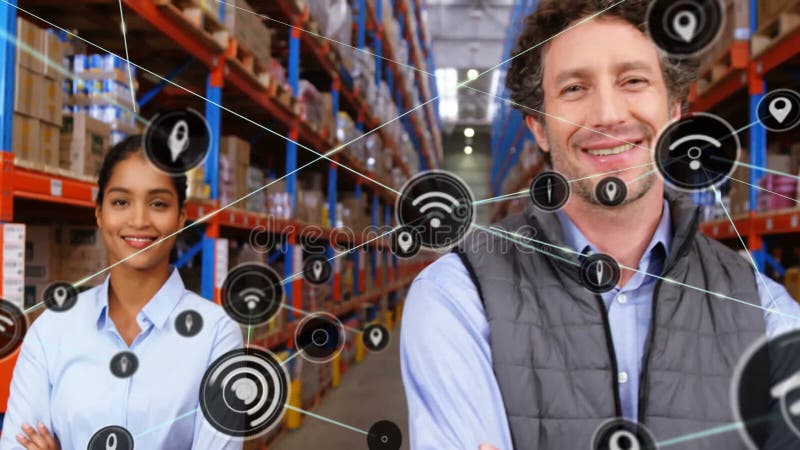In Warehouse, Workers Smiling with Animation of Network Connections and ...