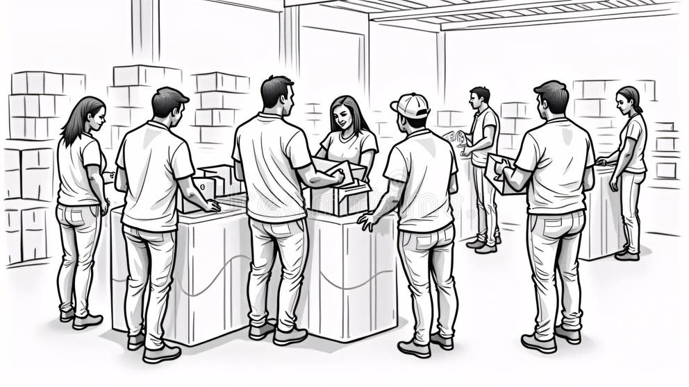 Warehouse Workers Sorting Boxes Line Art Stock Illustration ...