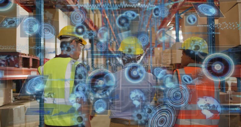In Warehouse, Workers Using Animation with Digital Interface Showing ...