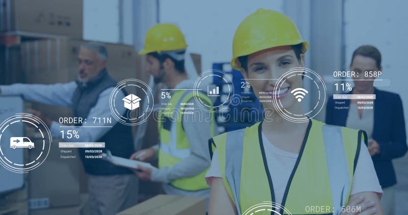 Warehouse Workers Using Digital Tablets with Data Processing Animation ...