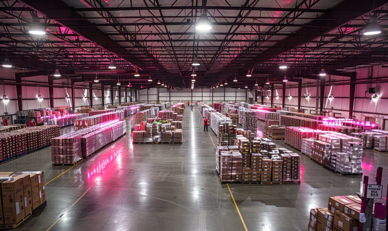 Warehouse Workers at Work between Rows of Tall Shelves Full of Packed ...