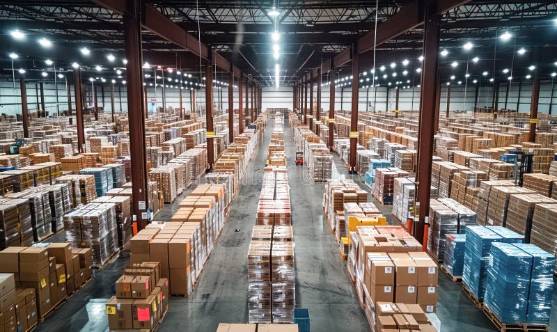Warehouse Workers at Work between Rows of Tall Shelves Full of Packed ...