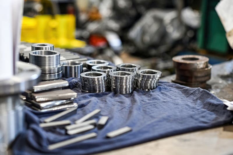 In the Warehouse in the Workshop, There are Metal Objects after Turning ...