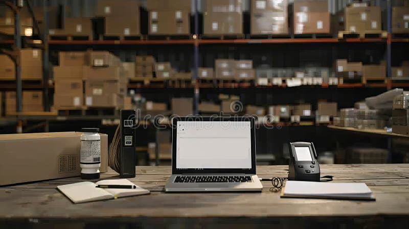 Warehouse Workspace Featuring Wooden Table, Laptop, Barcode Scanner ...