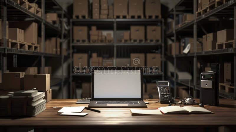 Warehouse Workspace Featuring Wooden Table, Laptop, Barcode Scanner ...