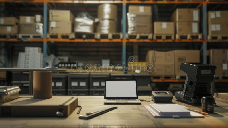 Warehouse Workspace Featuring Wooden Table, Laptop, Barcode Scanner ...