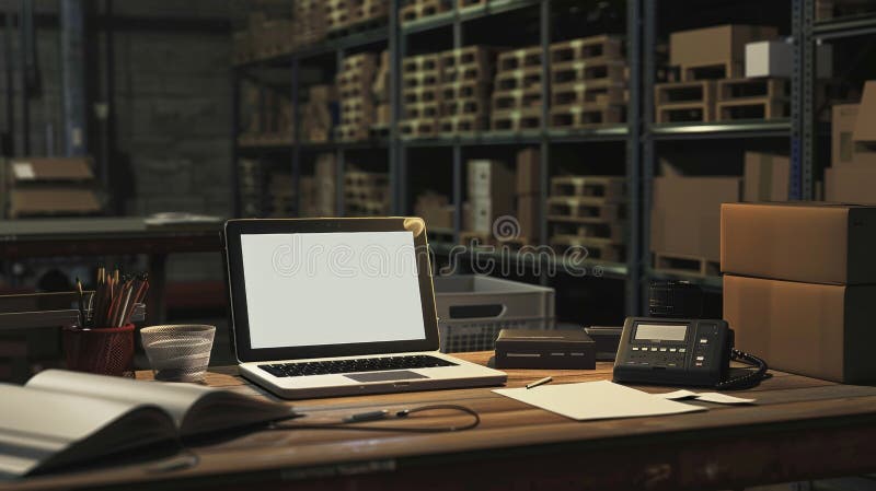Warehouse Workspace Featuring Wooden Table with Laptop, Barcode Scanner ...