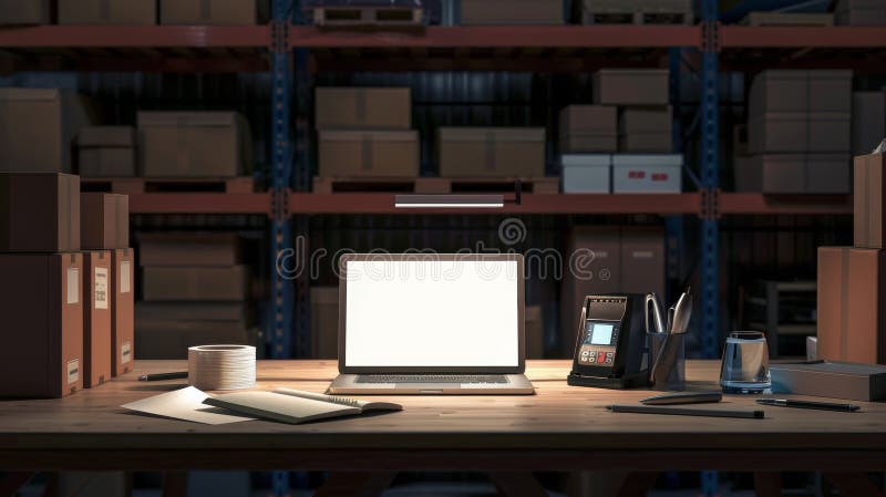 Warehouse Workspace with Wooden Table, Laptop, Barcode Scanner, and ...