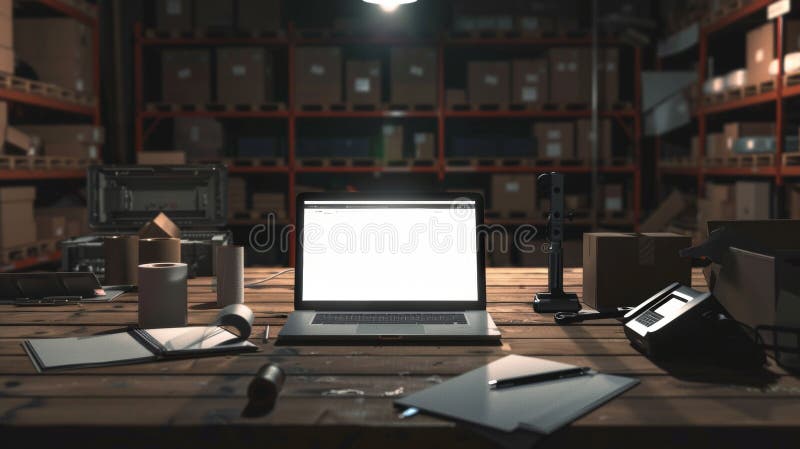 Warehouse Workspace Wooden Table with Laptop, Barcode Scanner, and ...