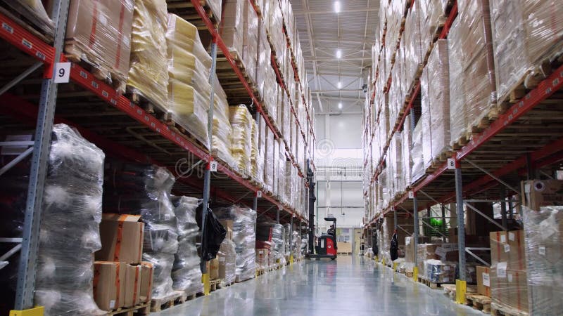 Large Warehouse, Factory, Boxes, Shelf. Machine Work and Vehicle ...