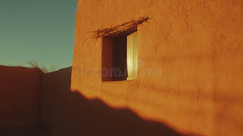 Warm Adobe Clay Wall Texture with Rustic Window in Sunset Light Stock ...