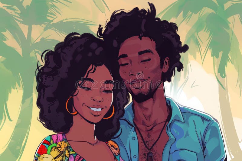 Warm and Affectionate Cartoon of a Couple Embraced, with Palm Tree ...
