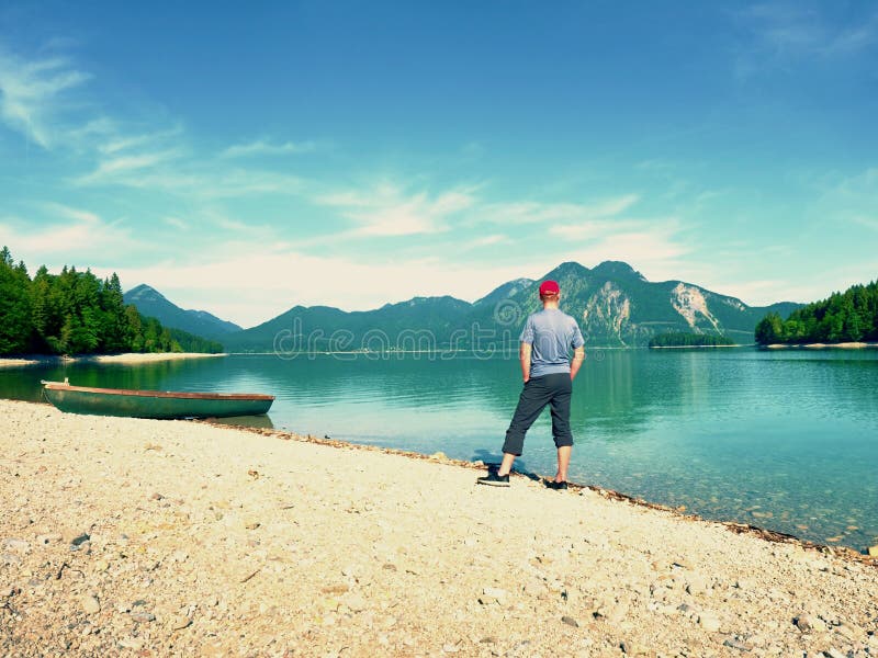 Warm Afternoon in Soft Green and Blue Light and Canoe in Lake Stock ...