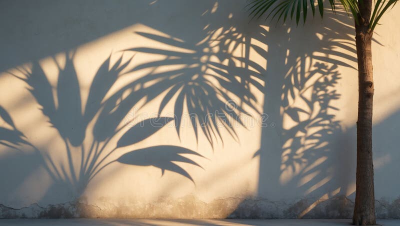 Palm Tree Shadows Cast Across a Textured White Wall Under the Warm ...
