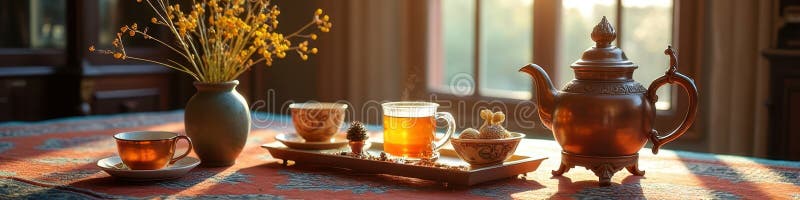 Warm Afternoon Tea Setup with Copper Teapot and Sunlight in Cozy Room ...