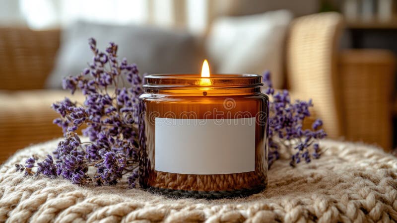 Warm Amber Candle with Lavender on Woven Mat Creates Cozy Atmosphere ...