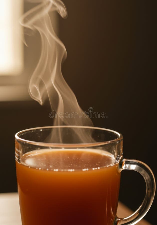 Warm Amber Drink in Glass Mug with Rising Steam Stock Photo - Image of ...