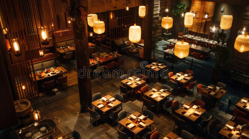 Warm Ambient Interior of a Modern Restaurant with Hanging Lanterns ...