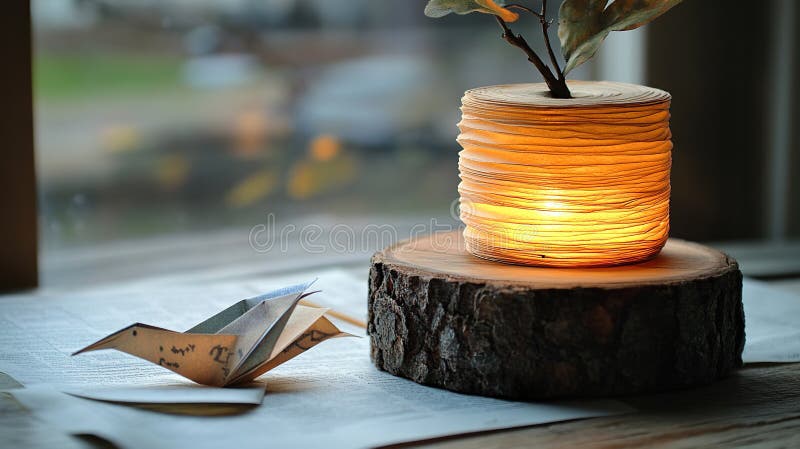 Warm Ambient Light, Handmade Wooden Cylinder Lamp, on a Rustic Wooden ...