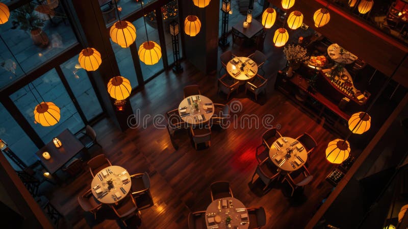 Warm Ambient Restaurant Interior with Hanging Lanterns and Set Tables ...