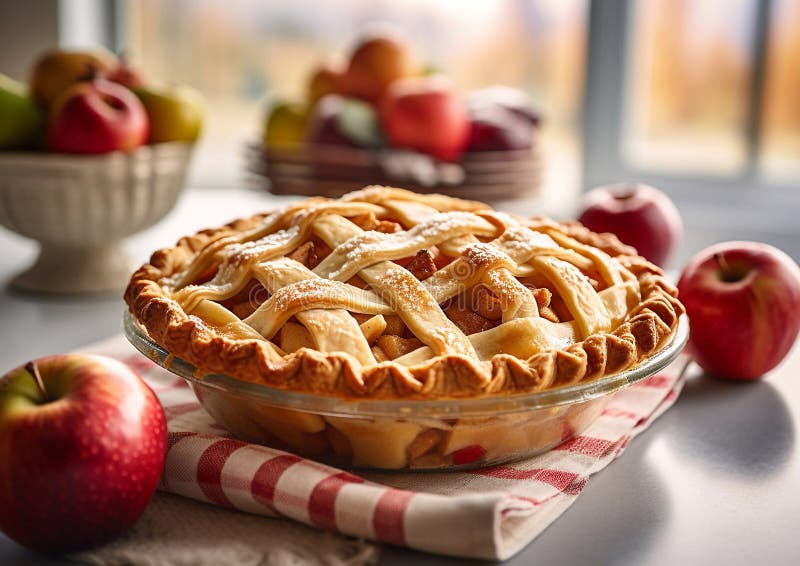 Warm Apple Pie with Cinnamon on Light Kitchen Table.Macro.AI Generative ...