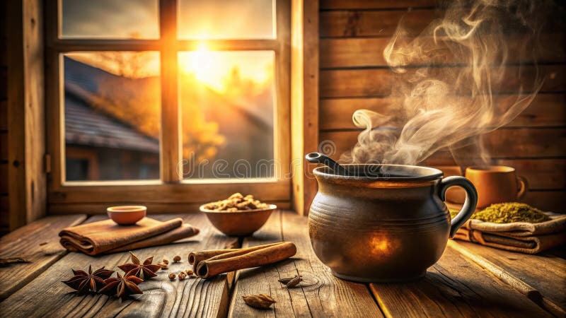 Warm Aromatic Brew at Sunset in Rustic Cabin. Generative AI Stock ...