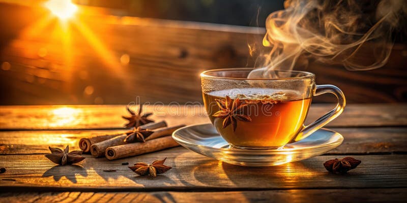 Warm Aromatic Tea at Sunset with Cinnamon and Star Anise. Generative AI ...