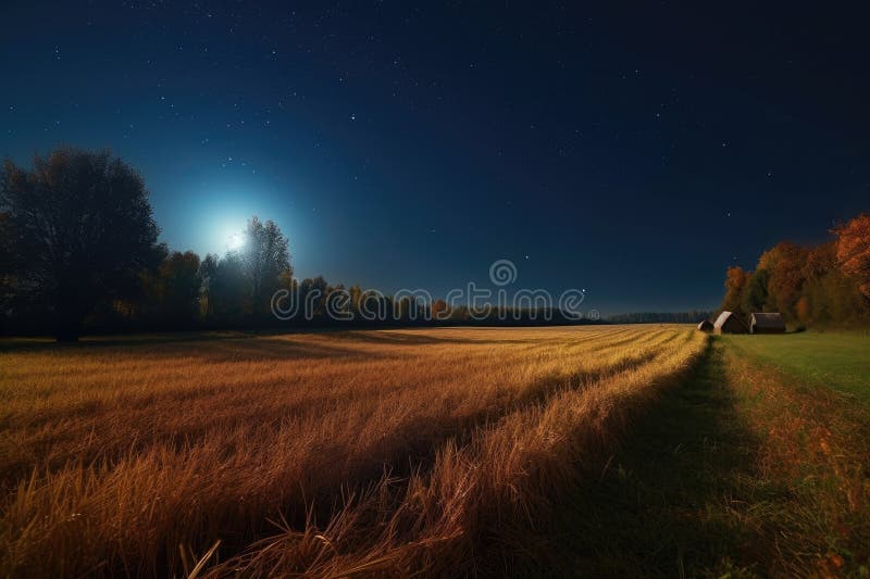 Warm Autumn Night, with Harvest Moon and Starry Sky Above the Fields ...