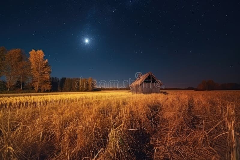 Warm Autumn Night, with Harvest Moon and Starry Sky Above the Fields ...