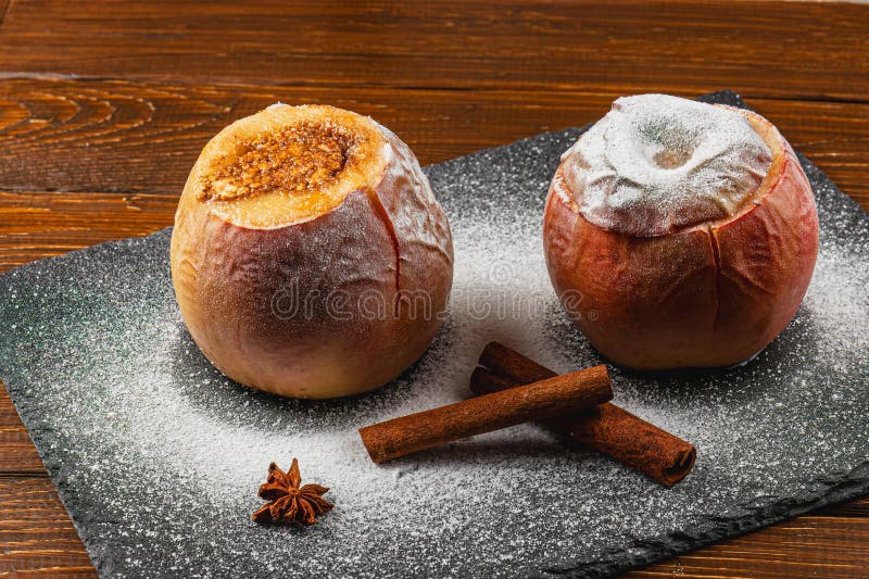 Warm Baked Apples with Cinnamon Served on Slate Platter Stock Photo ...